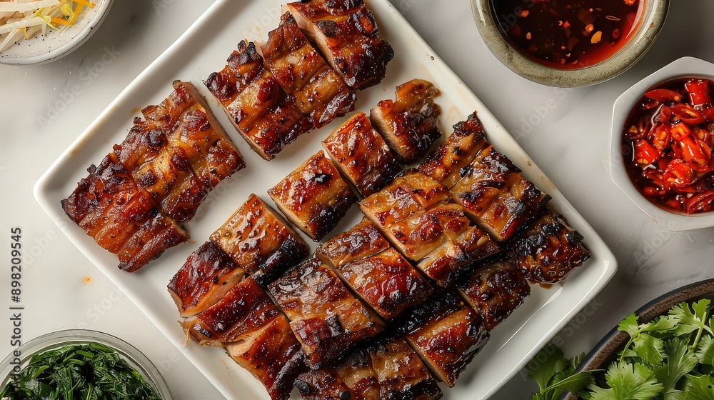 plate of grilled samgyeopsal pork belly slices with dipping sauces and ...