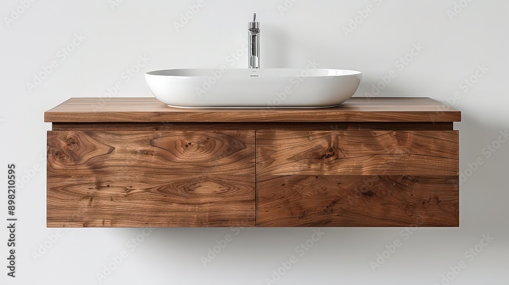 Display a modern floating vanity with a clean countertop, integrated ...
