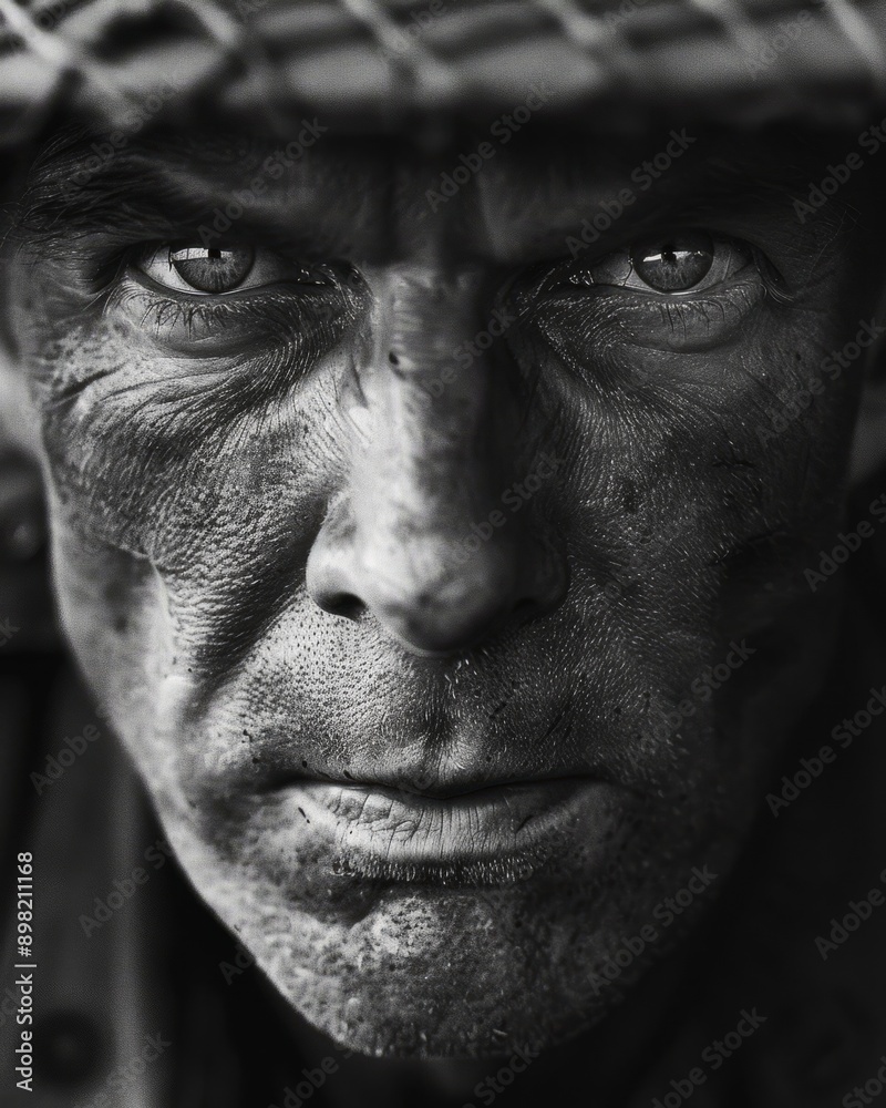 black and white portrait of a drill sergeant, captured in a close-up ...