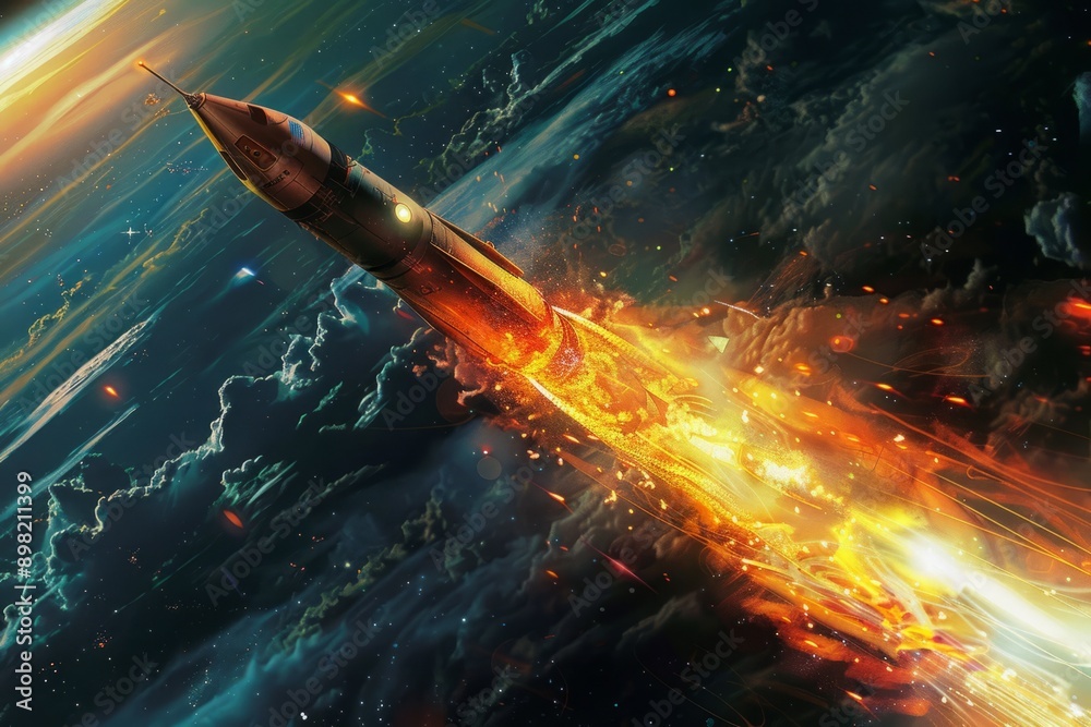 rocket re-entering Earth atmosphere, with glowing heat shield and ...