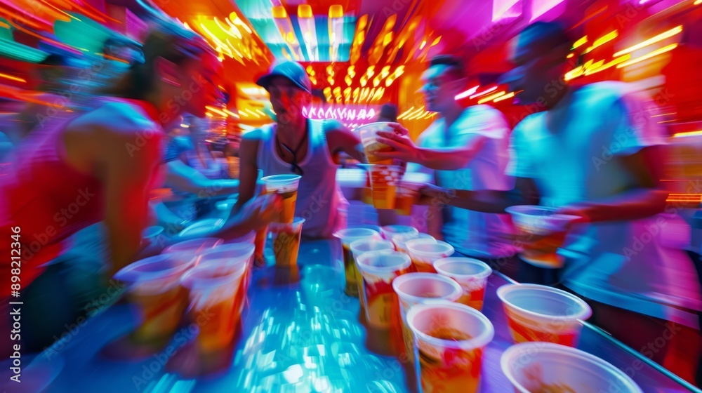 scene of contestants frantically stacking cups in a race against the ...