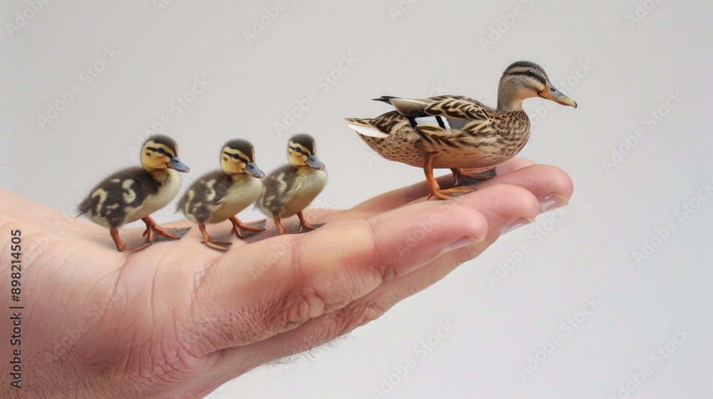 Miniature ducks walking in a line on hand. Conceptual photography of ...