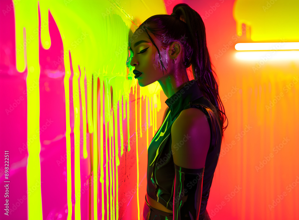 Fashion Concept. High ponytail girl in black patent leather leaning ...