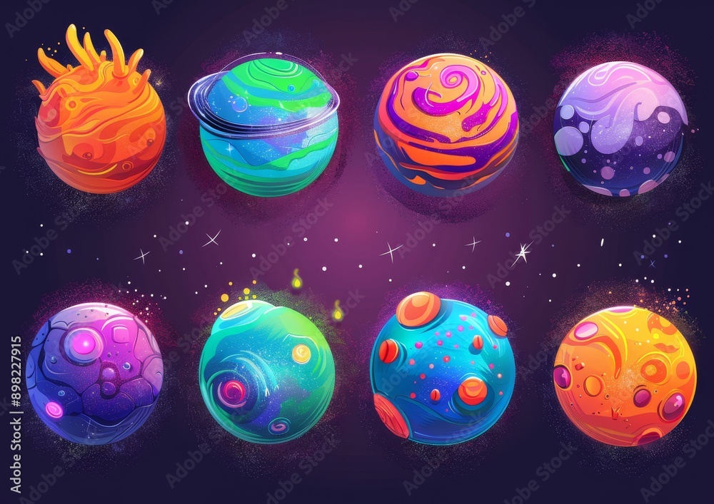 The fantasy planets, alien planets in deep space cartoon set. This set ...