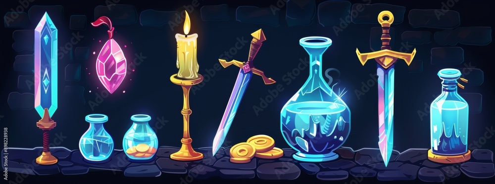 Game interface design. Fantasy weapons. Swords and potions. RPG arms ...