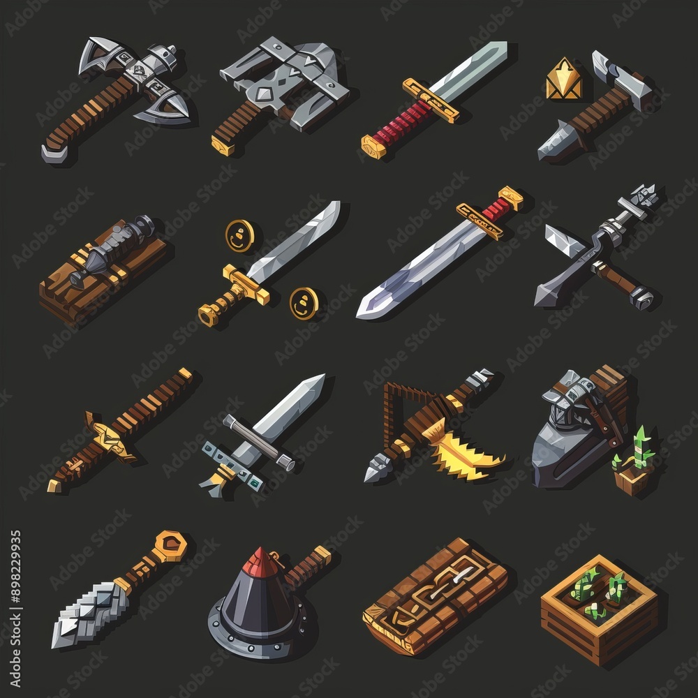 Set of 8-bit icons, pixel art set of RPG game items, collection of ...