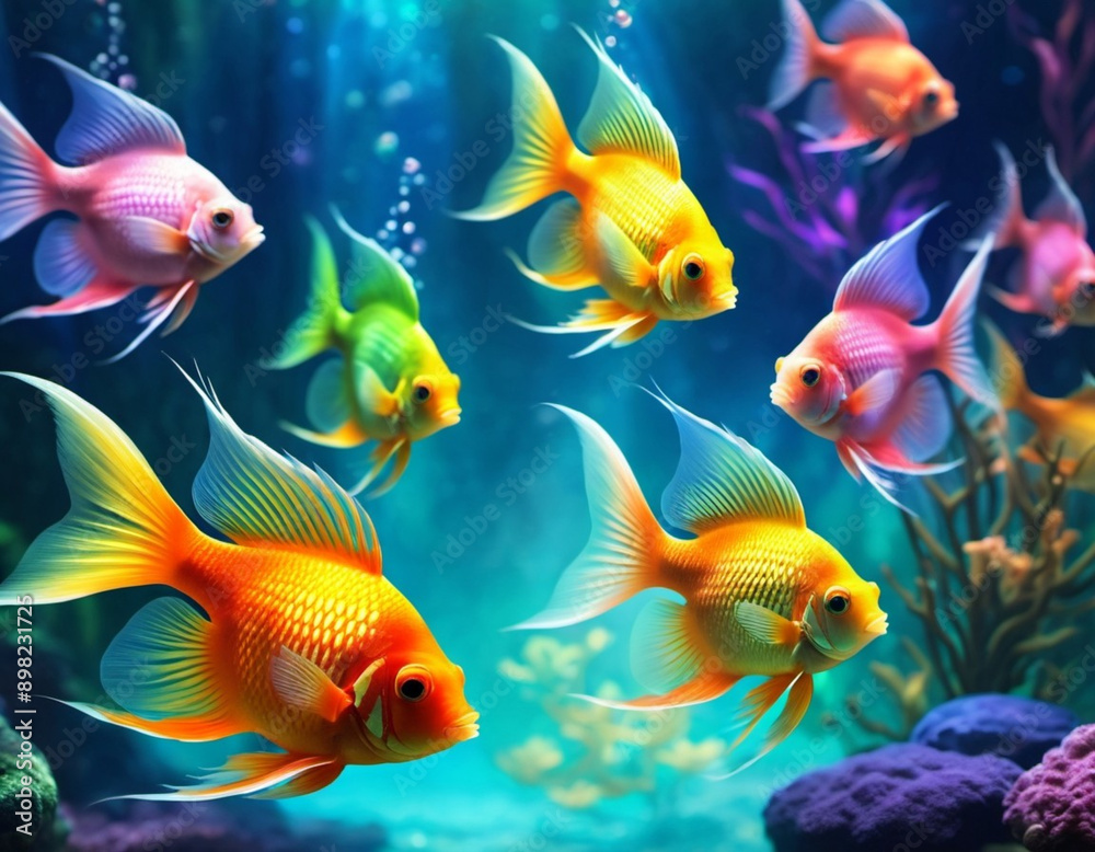 Colorful fish swim gracefully in a well-lit aquarium. The tank is ...