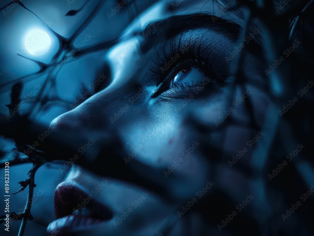 Visualize a woman vampire in a gothic forest, her fangs visible as she ...