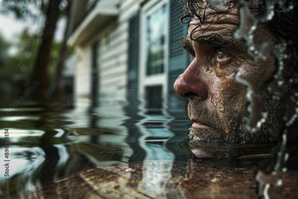 Close-up portrait of a man gazing at his flooded house with despair ...