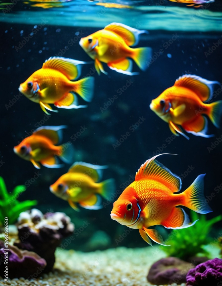 Colorful fish swim gracefully in a well-lit aquarium. The tank is ...