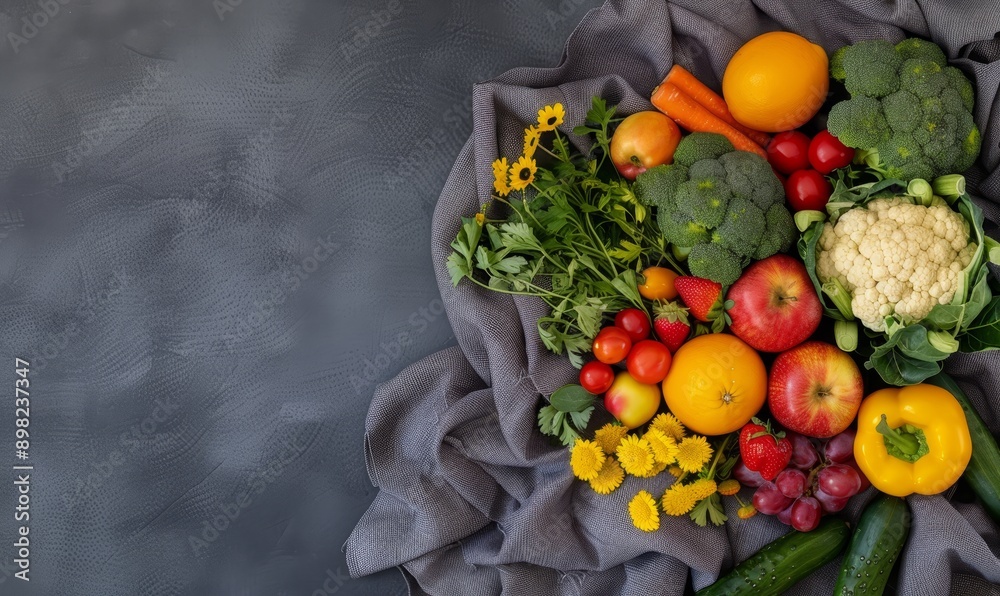 fresh produce still life with grey background and copy space - healthy ...