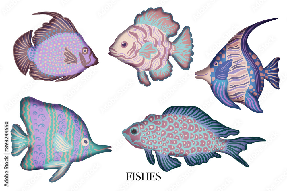 Set with various fish. Sea, ocean, aquarium. Intricate Ocean Fauna ...