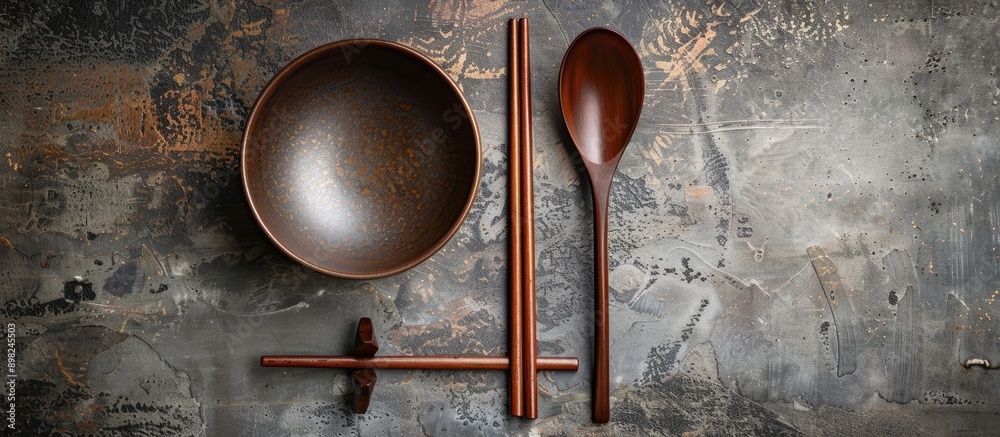 Asian utensils like a bowl spoon and chopsticks commonly used as food ...