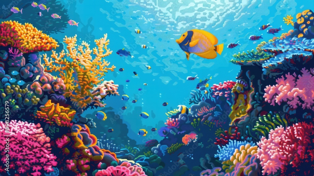 Pixel art underwater, coral reef, colorful fish, vibrant marine life ...
