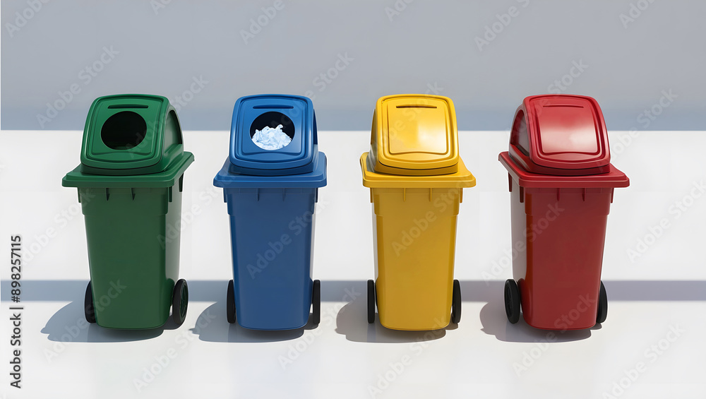 Various types of trash cans: green, yellow, blue, red, wet waste ...
