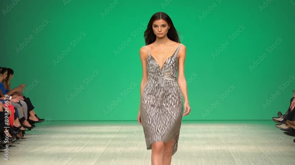 Model Walking Runway in Silver Dress with Green Screen Background ...