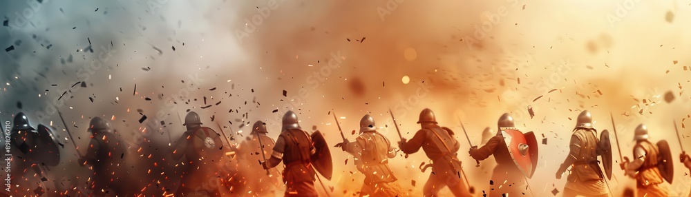 Epic medieval battle scene with soldiers in armor and shields, cloaked ...