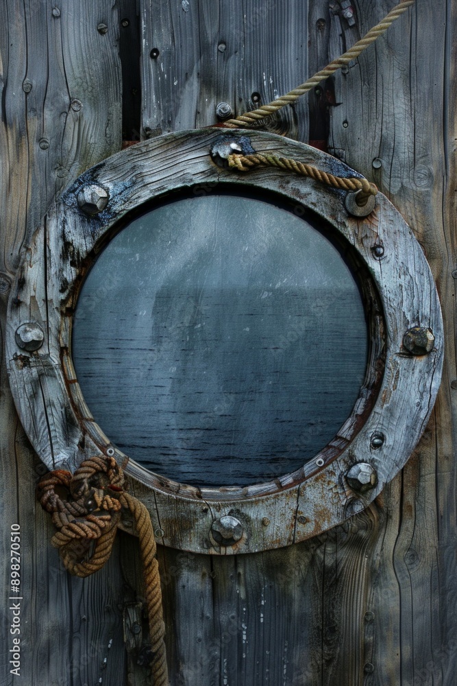 Pirate Ship Porthole with a frame of weathered wood, barnacles, and ...