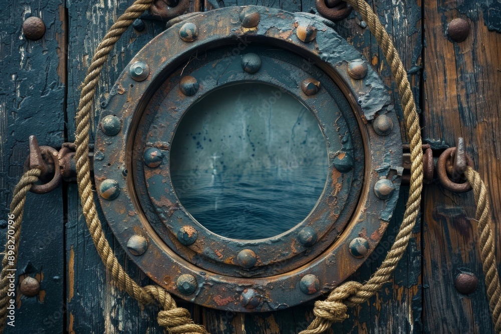 Pirate Ship Porthole with a frame of weathered wood, barnacles, and ...