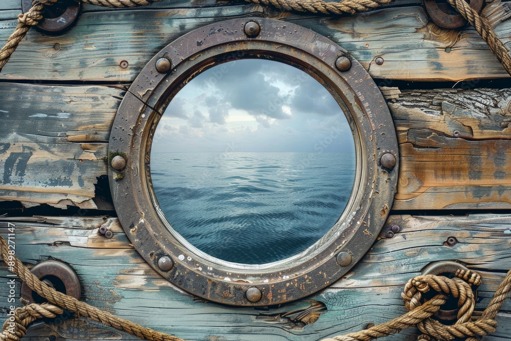 Pirate Ship Porthole with a frame of weathered wood, barnacles, and ...