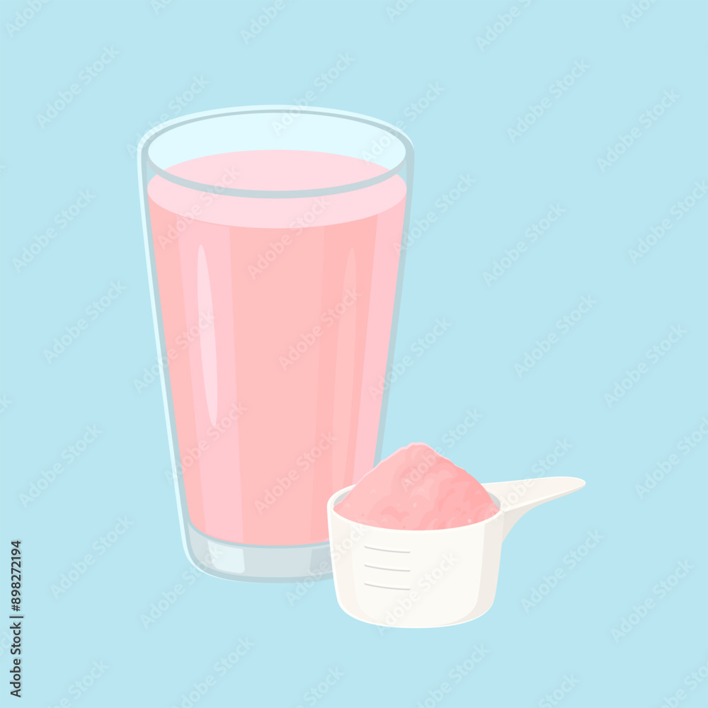 Protein shake with strawberry flavour. Drink in glass and protein ...