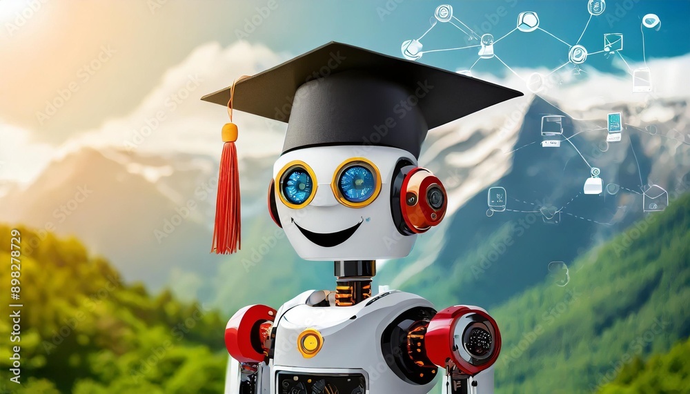 Robot wearing a university graduation cap. AI learning and education ...