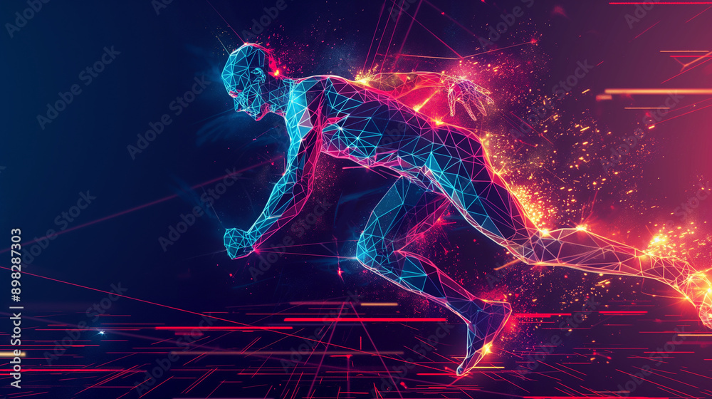 Dynamic human runner with a digital wireframe and neon lights ...