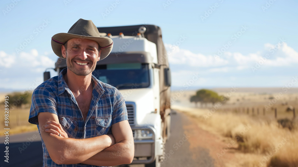 Smiling male driver in a hat, proudly posing in front of his truck ...
