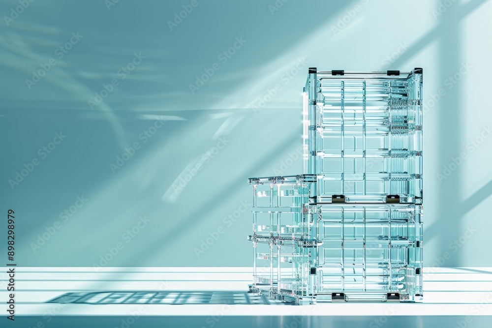 Transparent glass shipping container and pallet on a light-blue surface ...