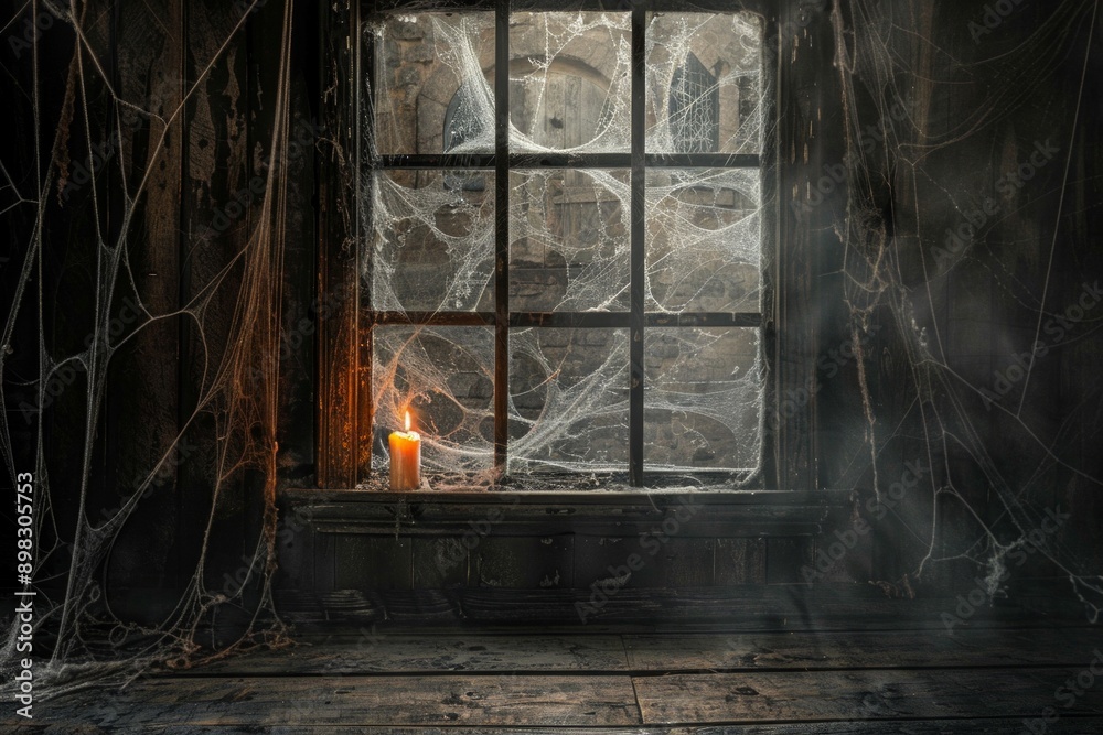 Haunted House Window with cobwebs, cracked wood, and eerie shadows. The ...