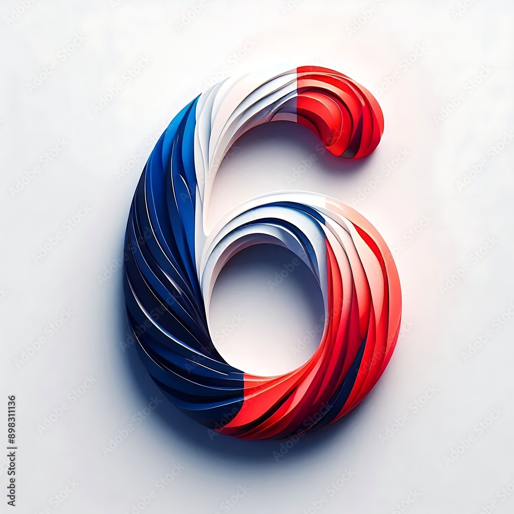 The number 6 is made up of a series of red, white, and blue lines. The ...