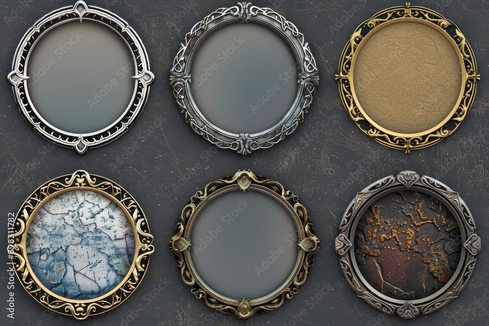 intricate set of circular game ui frames varied textures including ...