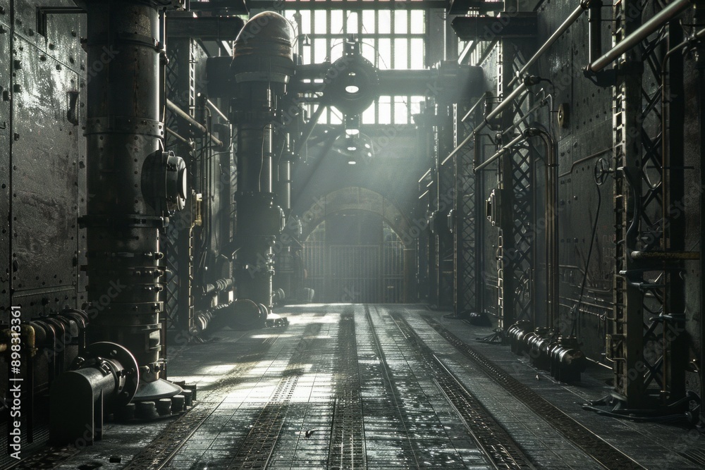 Industrial Revolution. Iron girders, rivets, and steam pipes, with an ...
