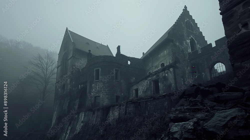 A haunting image of an old, abandoned castle shrouded in fog. The eerie ...