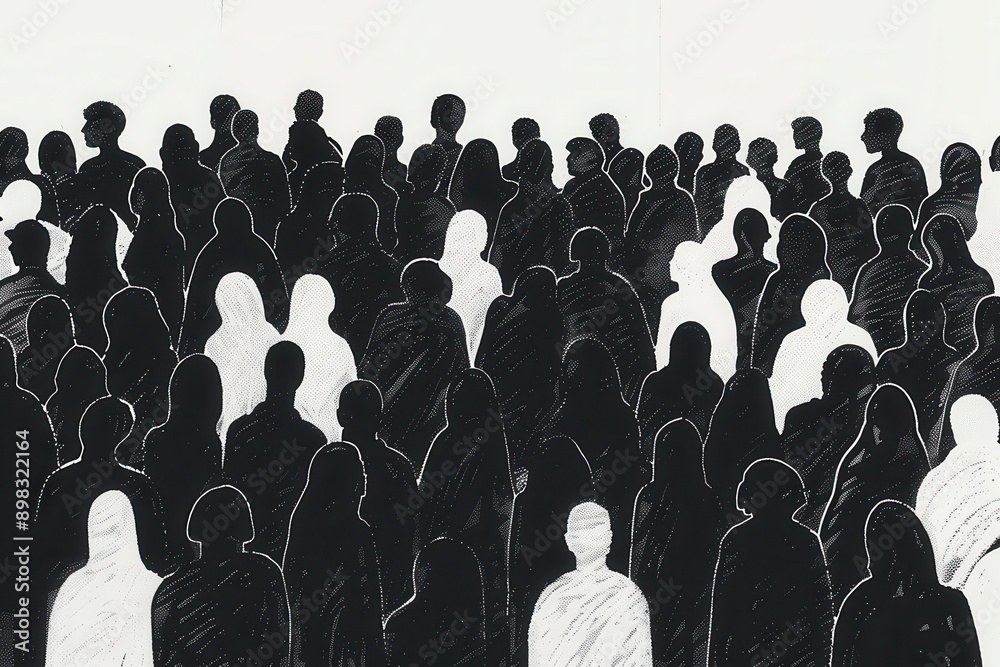 monochromatic illustration of diverse crowd simplified silhouettes in ...