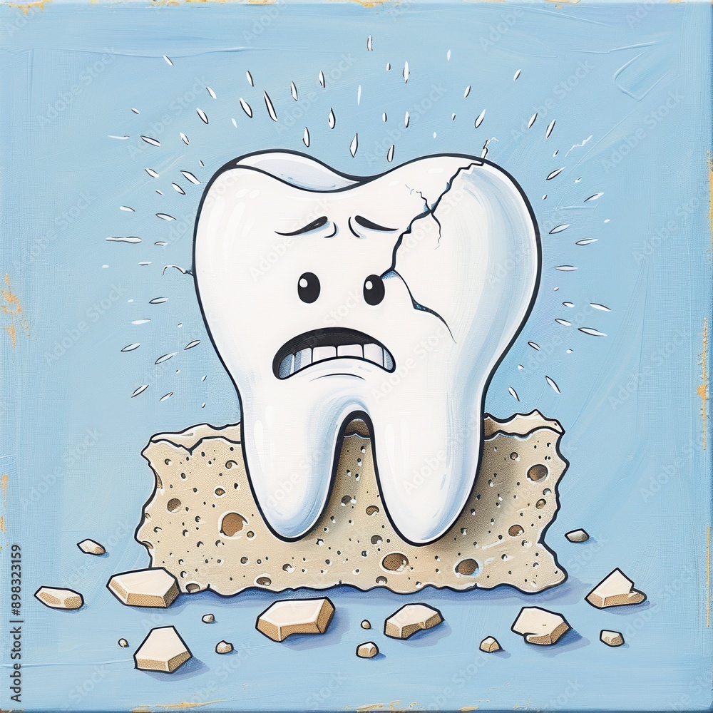 Cartoon of a cracked tooth with a sad face on a sponge surrounded by ...