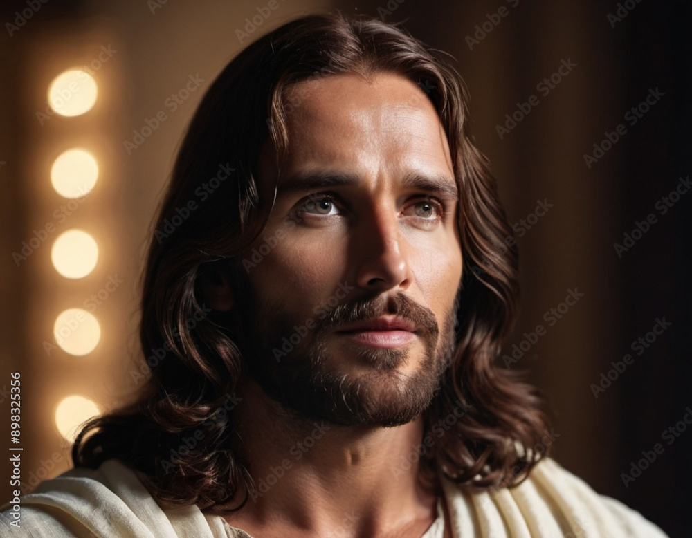 Portrait of a Man Dressed as Jesus. White robe. Long brown hair and ...