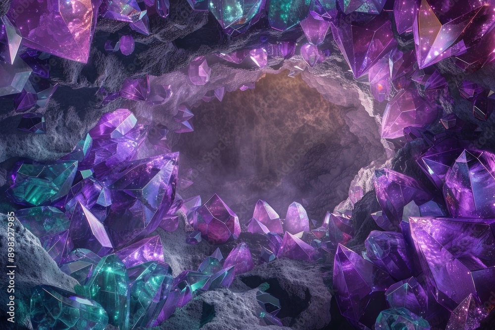 Mystical Crystal Cave. A frame made of shimmering crystals in hues of ...
