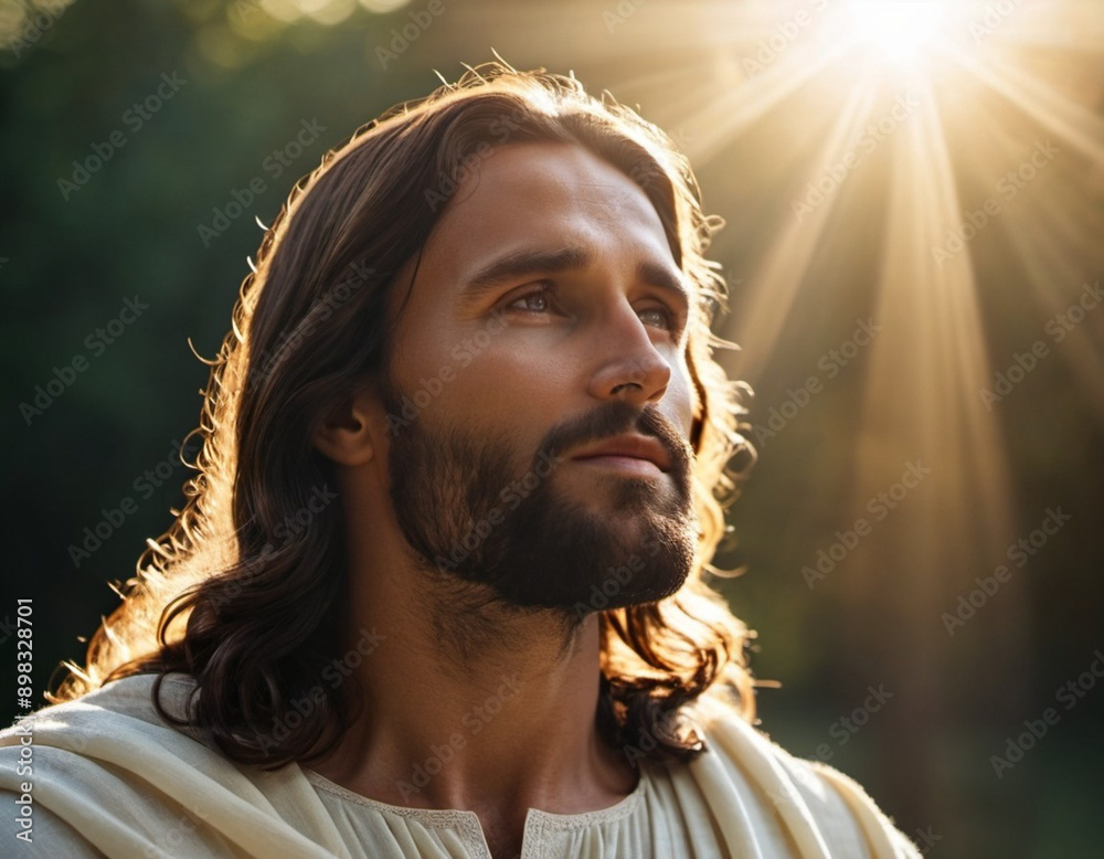 Portrait of a Man Dressed as Jesus. White robe. Long brown hair and ...