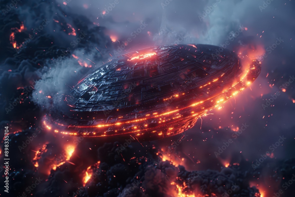 surreal scene of a crashed ufo sinking into a sea of molten lava alien ...