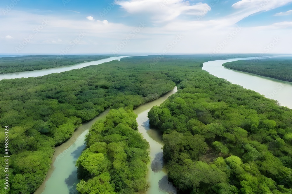 Panoramic top view of green mangrove tree forest nature background ...