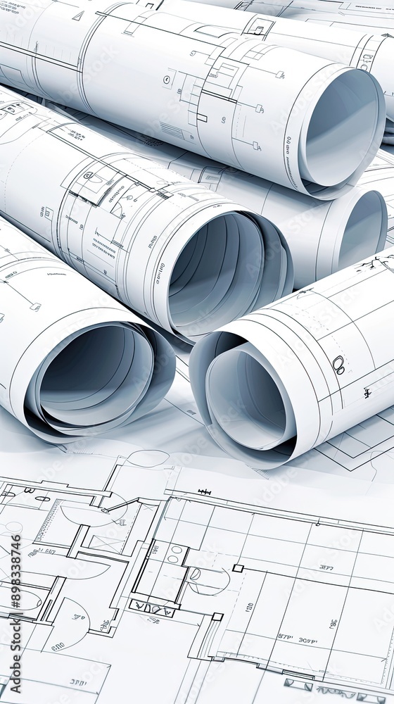 Architectural Blueprints With Rolled up Drawings Displayed Stock Photo ...