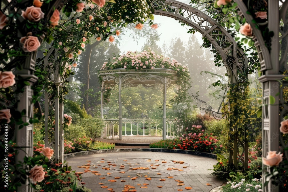 Victorian Garden, wrought iron with climbing roses and ivy. The center ...