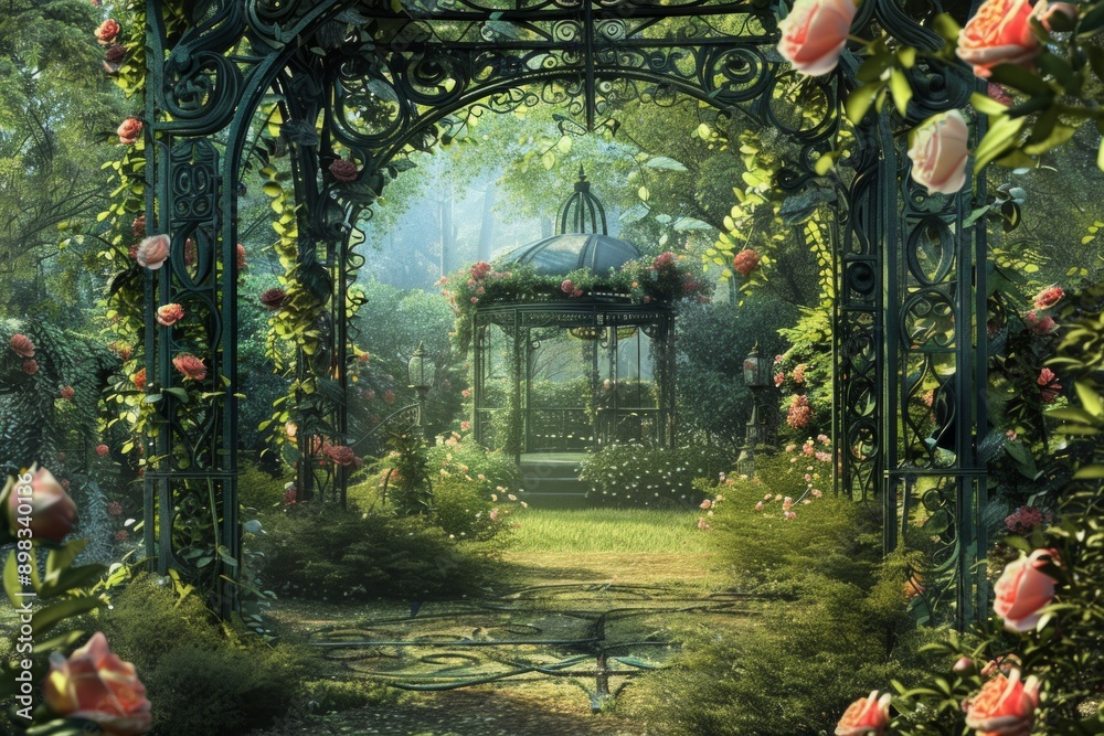 Victorian Garden, wrought iron with climbing roses and ivy. The center ...