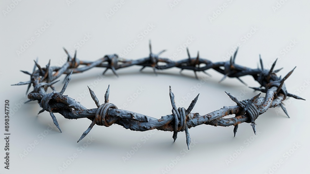 Rusty crown of thorns is lying on a white background, representing the ...