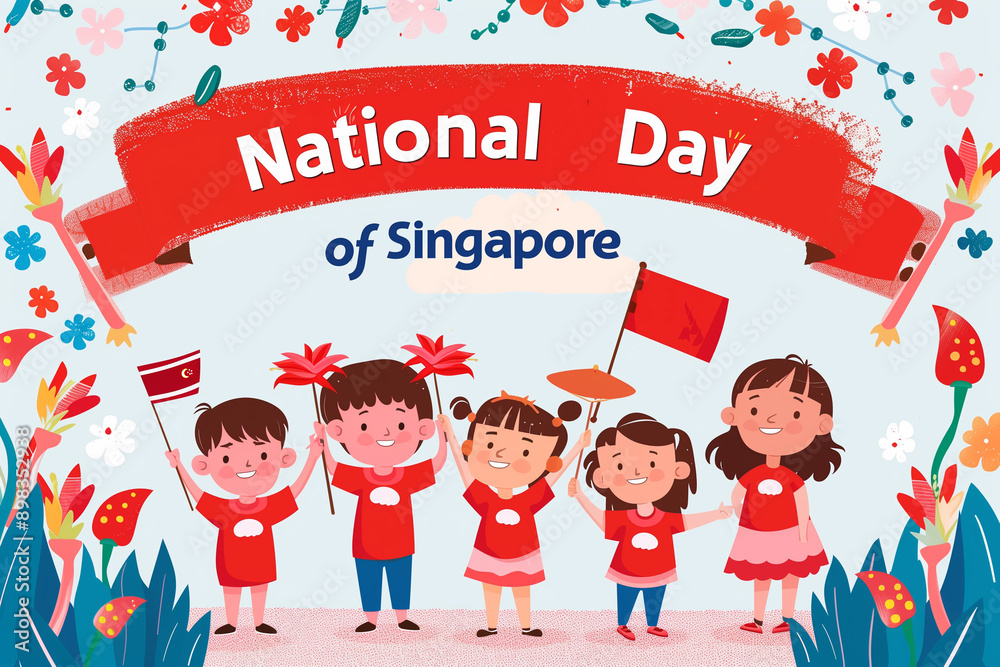 Cute cartoon style National Day poster of Singapore with the text ...