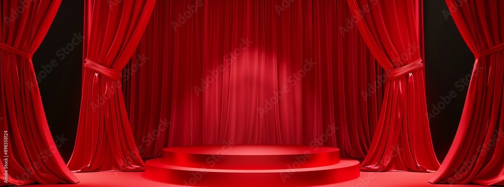 Stage podium background. 3D carnival light red show curtain. Circus ...