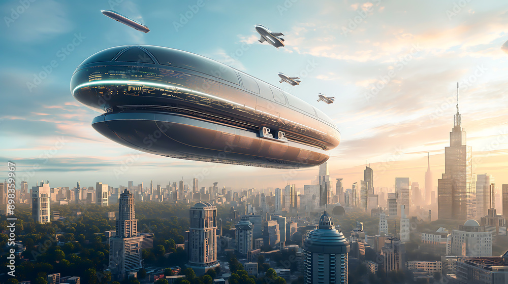 The cityscape with buildings and green trees, futuristic electric train ...