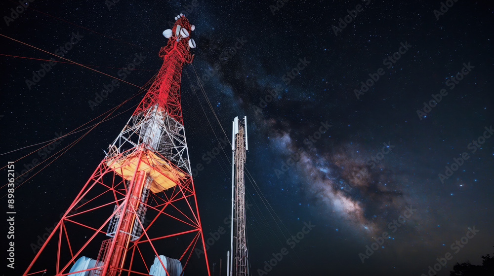 Telecommunication towers under a starry night sky with the Milky Way ...