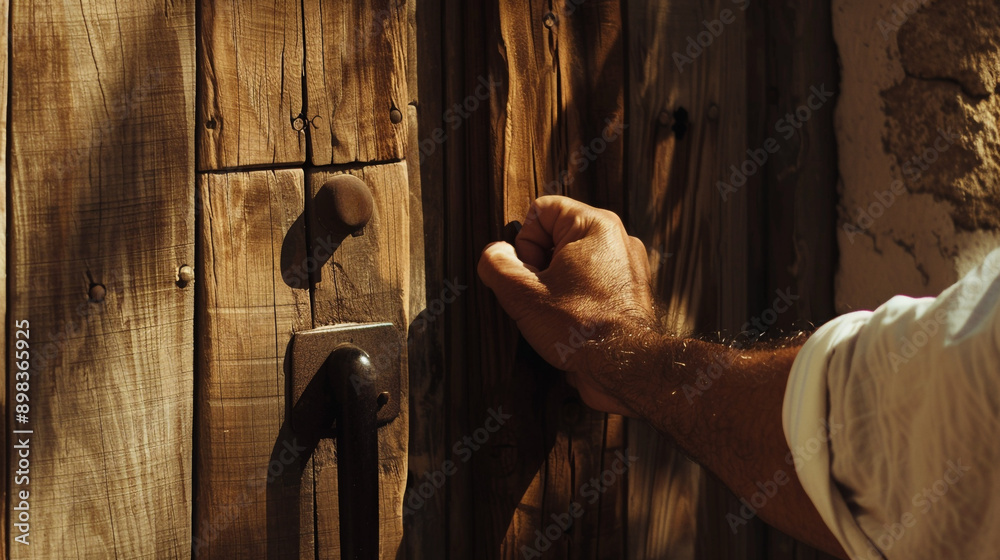 Hand knocking on a wooden door. Gospel illustration of the scripture ...